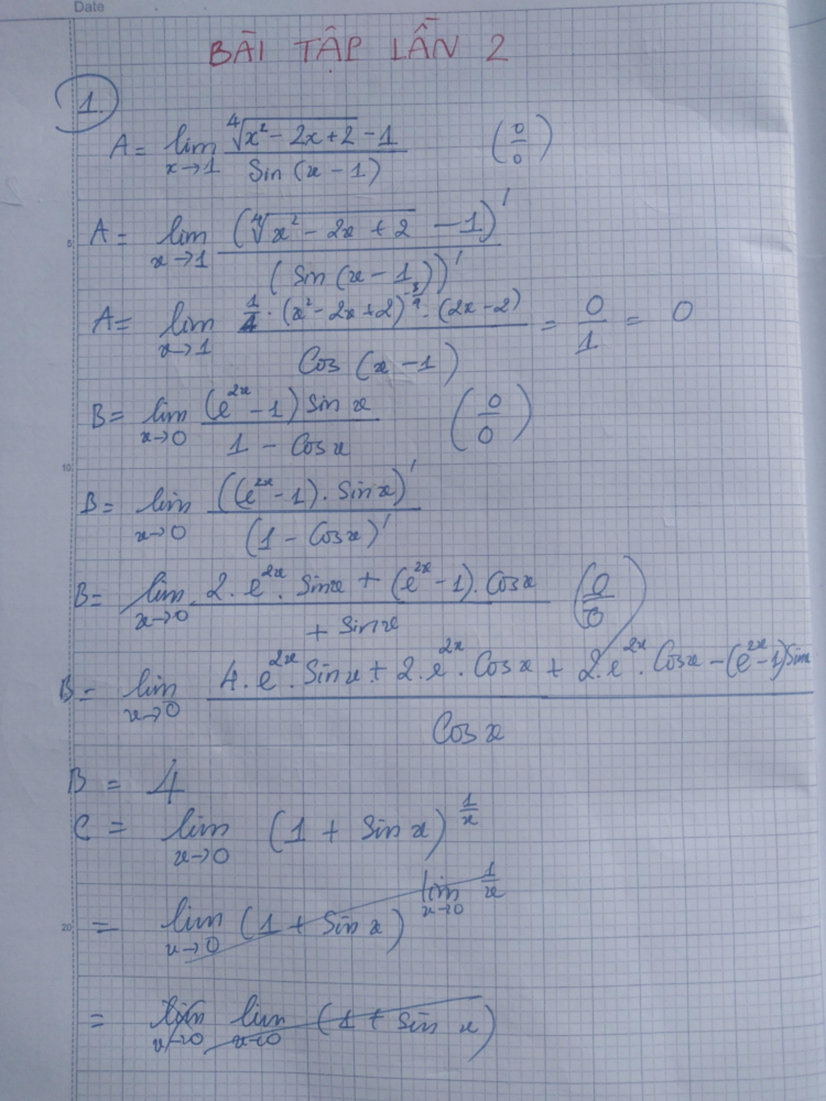 Bai tap lan 2 - DFEQGEGEGFWEDW - Date 1 BAI TAP LAN 2 1 A lim (i) Sin ...