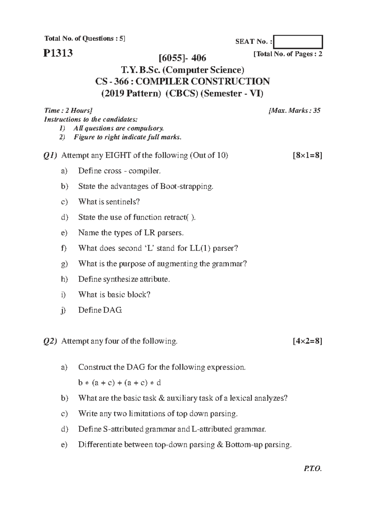 CS 366: Compiler Construction Exam Questions (T.Y. B.Sc. 2019) - Studocu