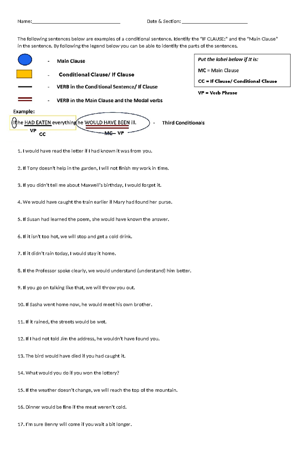 Grade 9 Conditionals Exercises & Identifying Clauses - Studocu