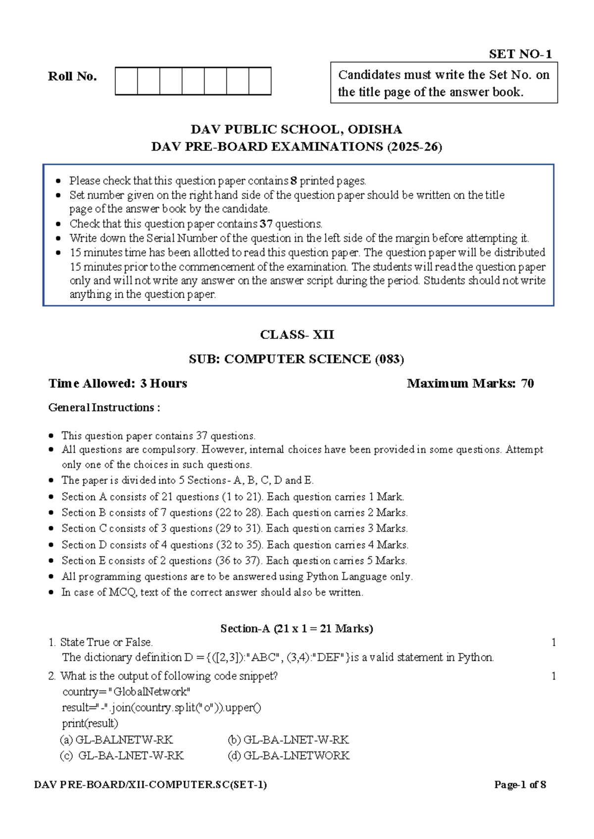 XII Computer Science - DAV Exam (SET-1) Question Paper - Studocu