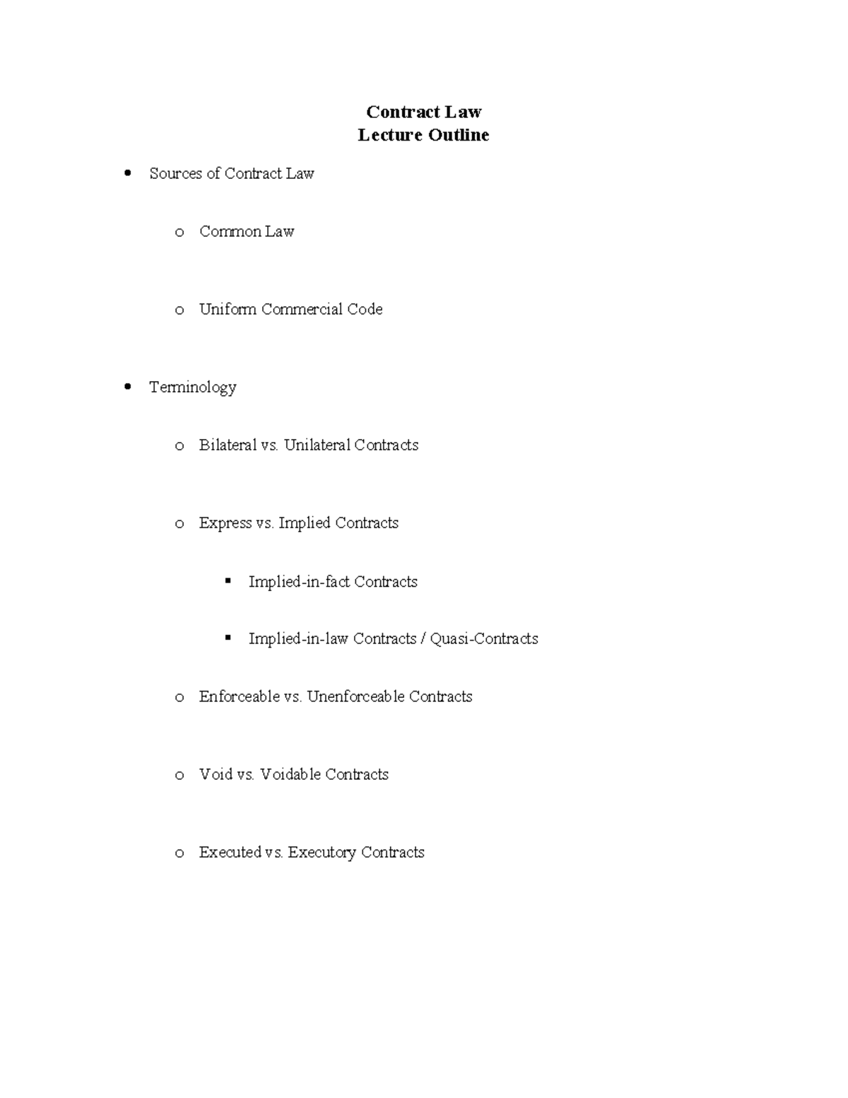 Contract Law Lecture Outline - Contract Law Lecture Outline Sources of ...