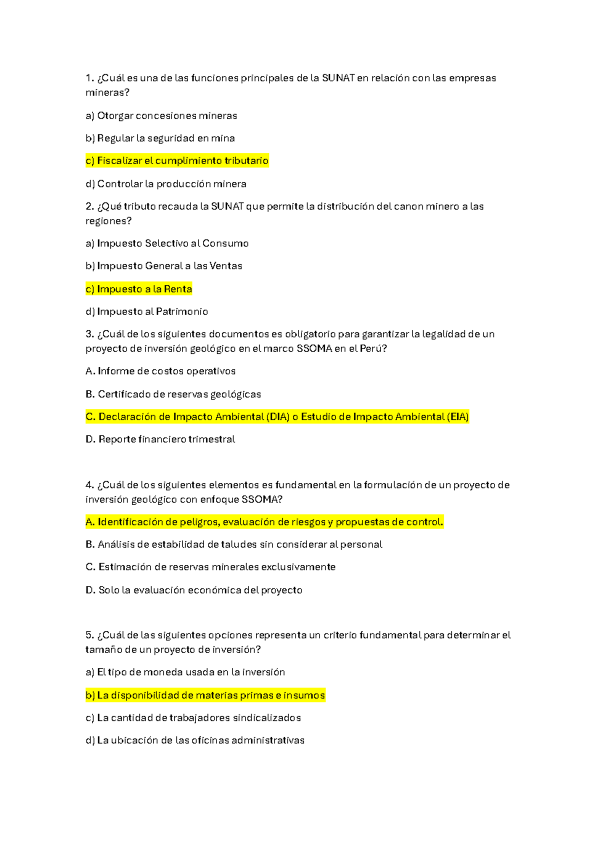 Banco de Preguntas: Proyectos Geológicos - SUNAT y Regulaciones - Studocu