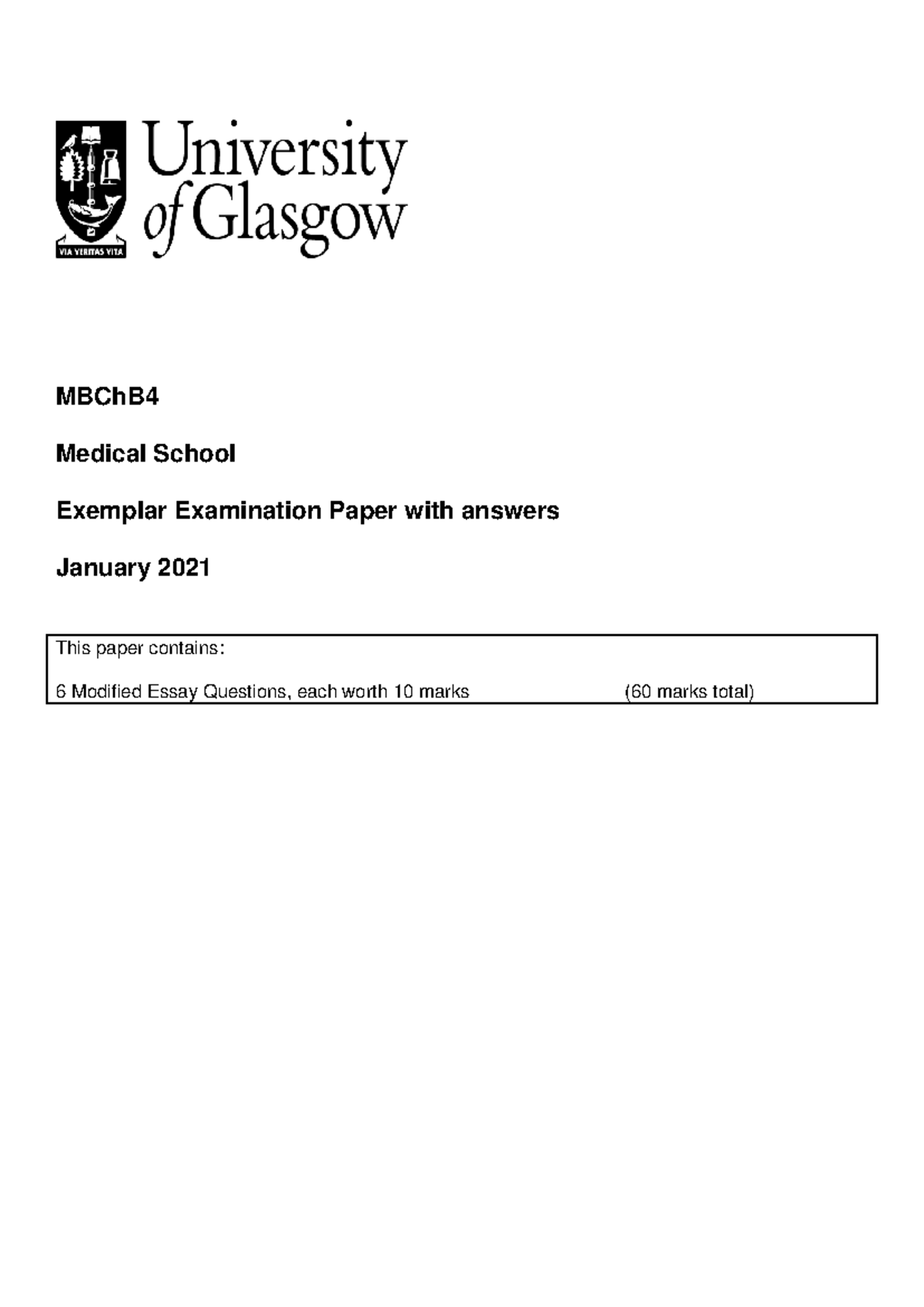 MBChB 4 Exemplar Exam Paper with Answers - Jan 2021 Edition - Studocu