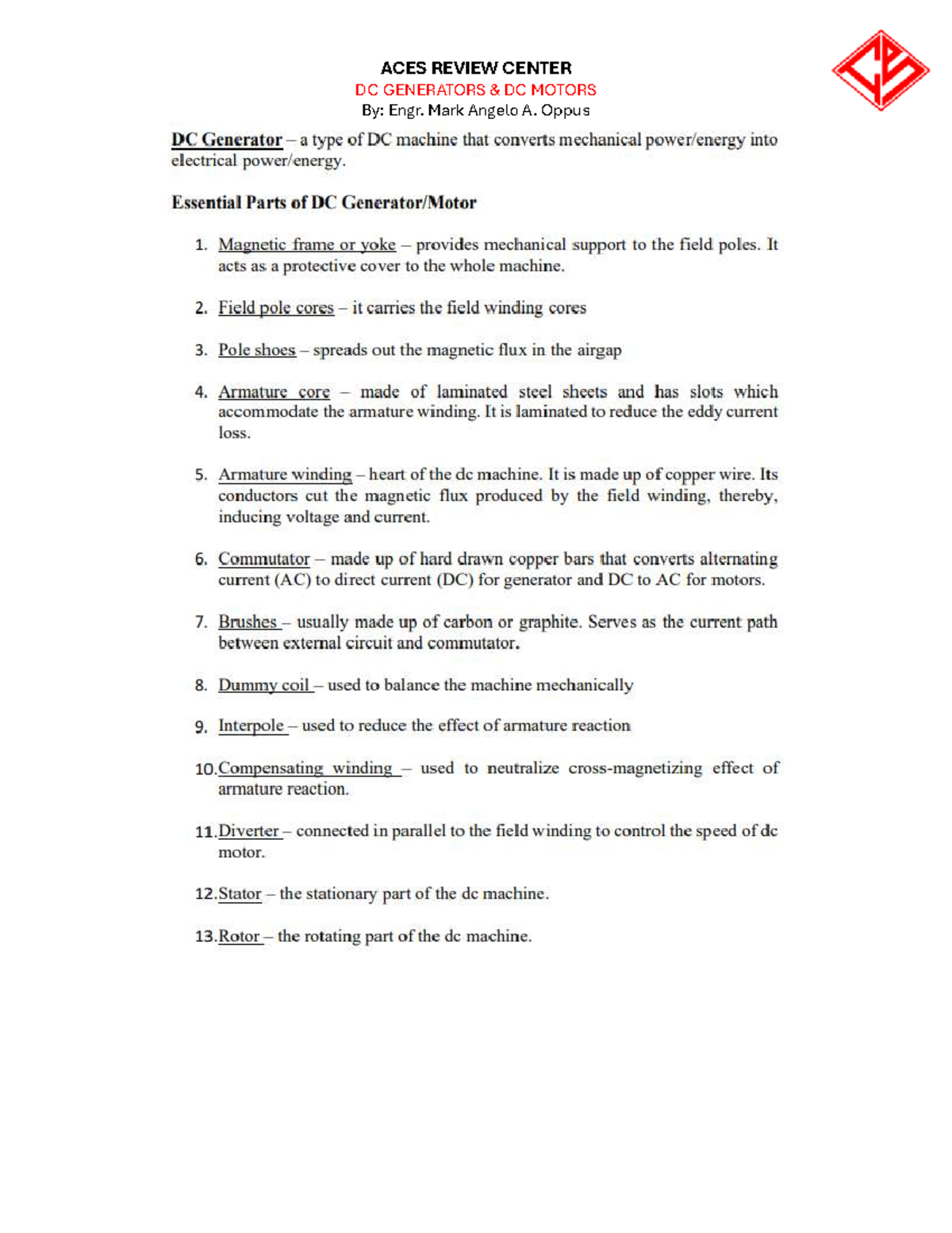ACES REVIEW CENTER: DC Generators & Motors Study Guide - Studocu