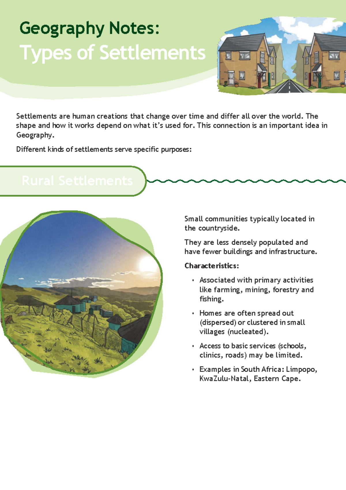 Grade 8 Geography Notes: Understanding Types of Settlements - Studocu