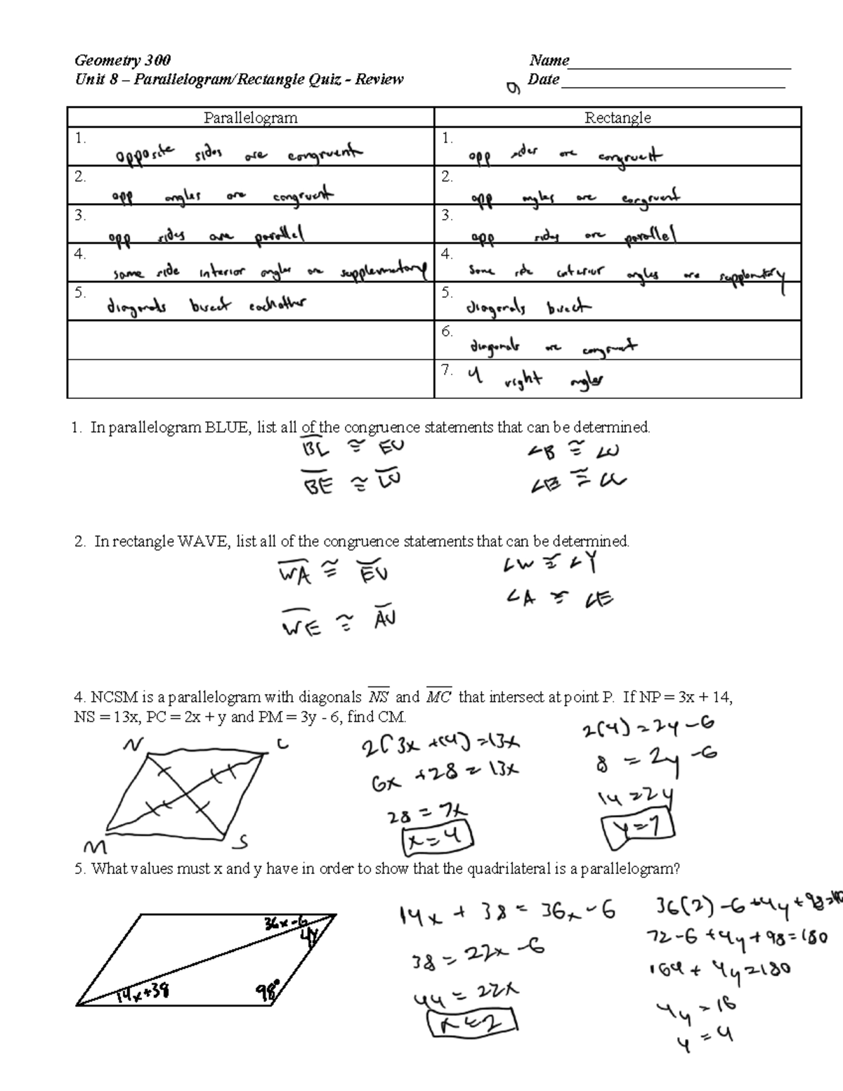 Geometry 300 Unit 8 Quiz Review: Parallelograms & Rectangles - Studocu