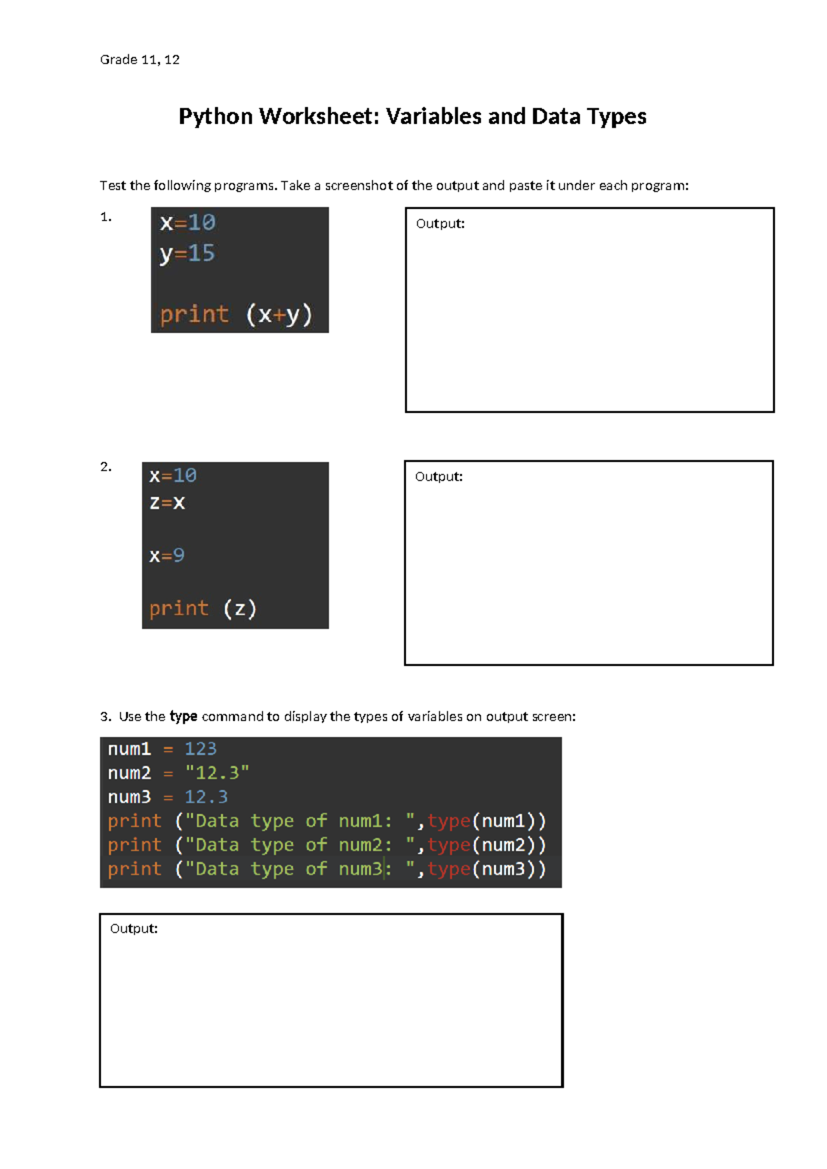 Python Worksheet - Variables and data Types - Computer Networks - Grade 11, 12 Python Worksheet ...