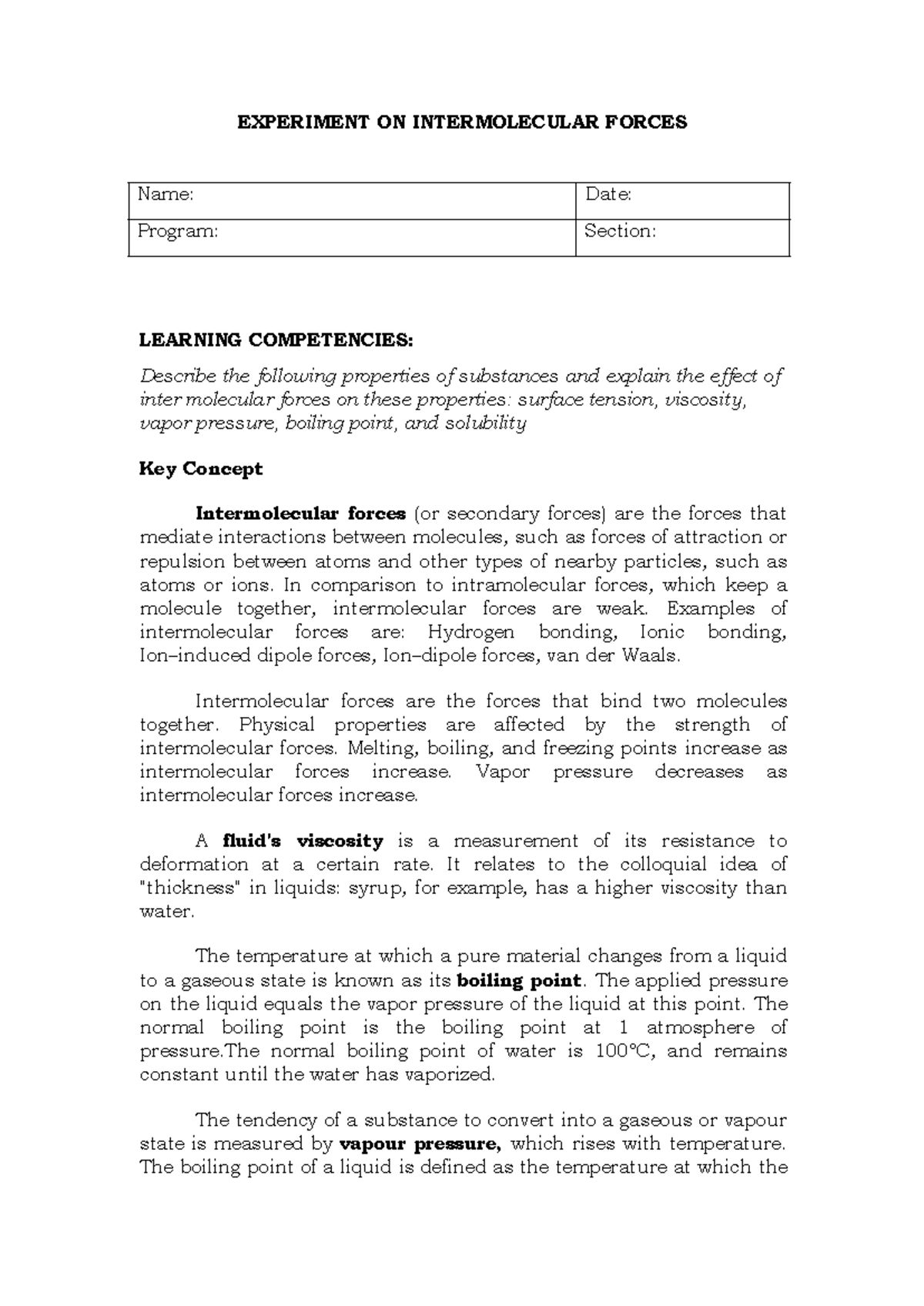 Experiment on Intermolecular Forces: Effects on Physical Properties ...
