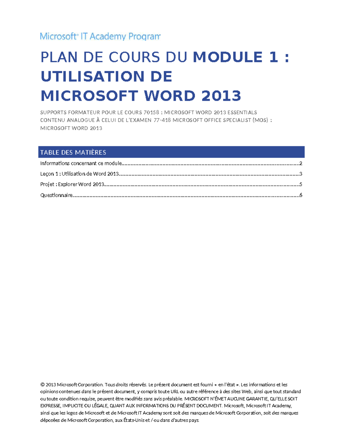 Plan de Cours Module 1 : Utilisation de Microsoft Word 2013 (ITA 70158) - Studocu