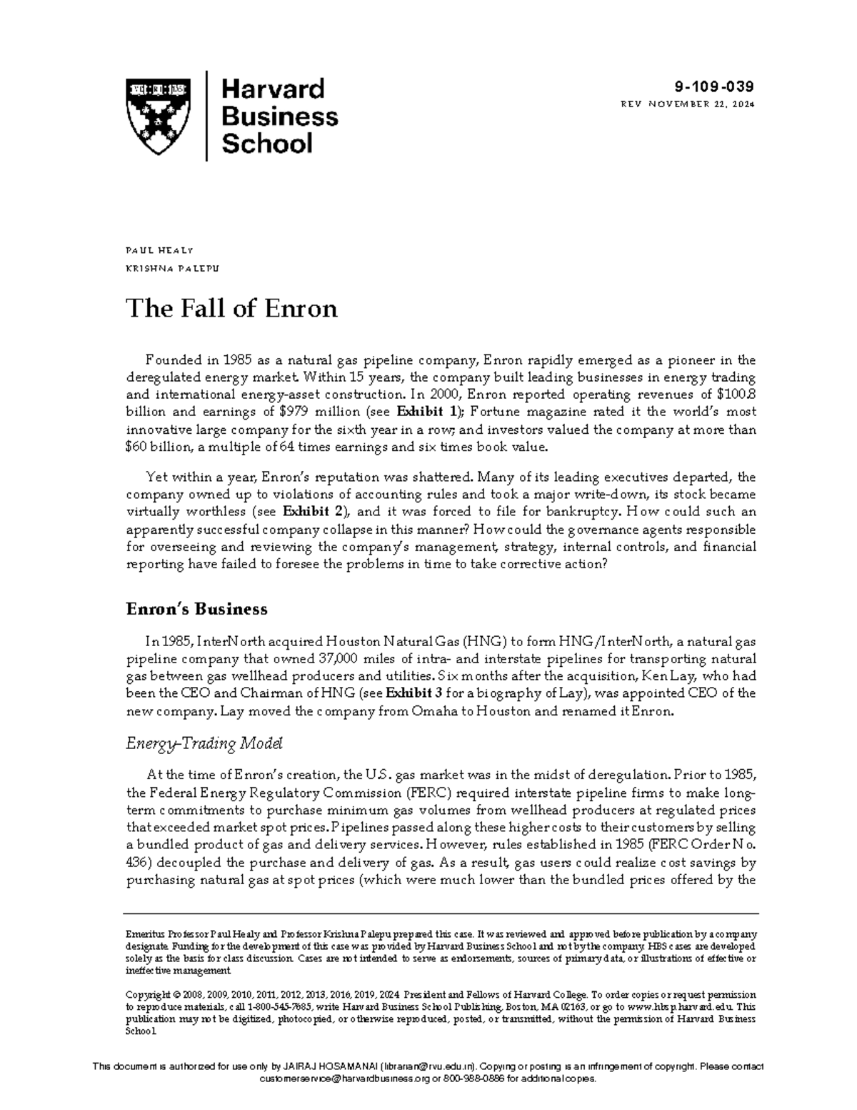 Case Study: The Fall of Enron (HBS 109039) - Studocu