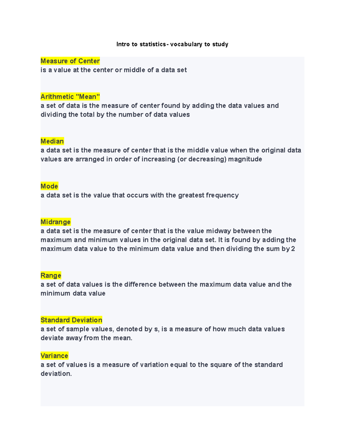 Intro to Statistics (STAT101) - Vocabulary Study Sheet - Studocu