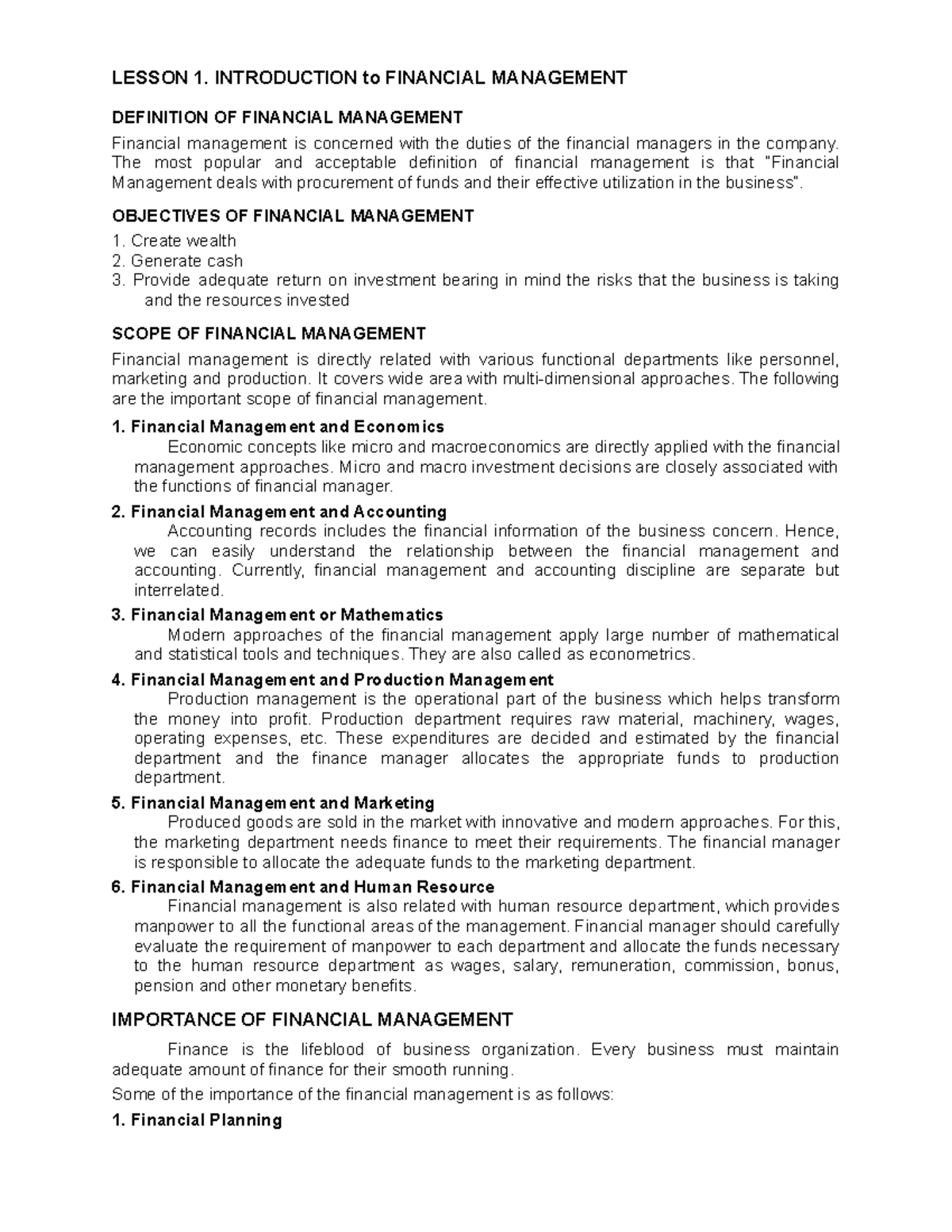 Lesson 1.Intro to Financial Management - LESSON 1. INTRODUCTION to ...