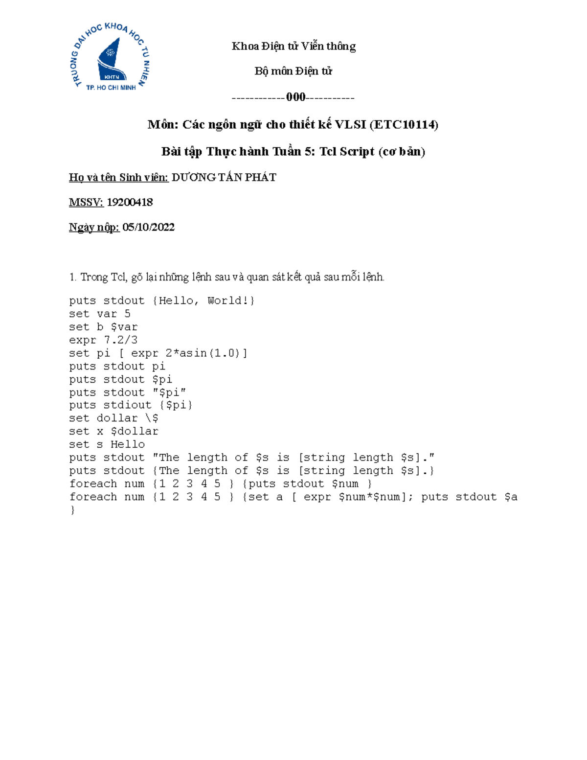 Bài tập Thực hành Tuần 5: Tcl Script (ETC10114) - Studocu