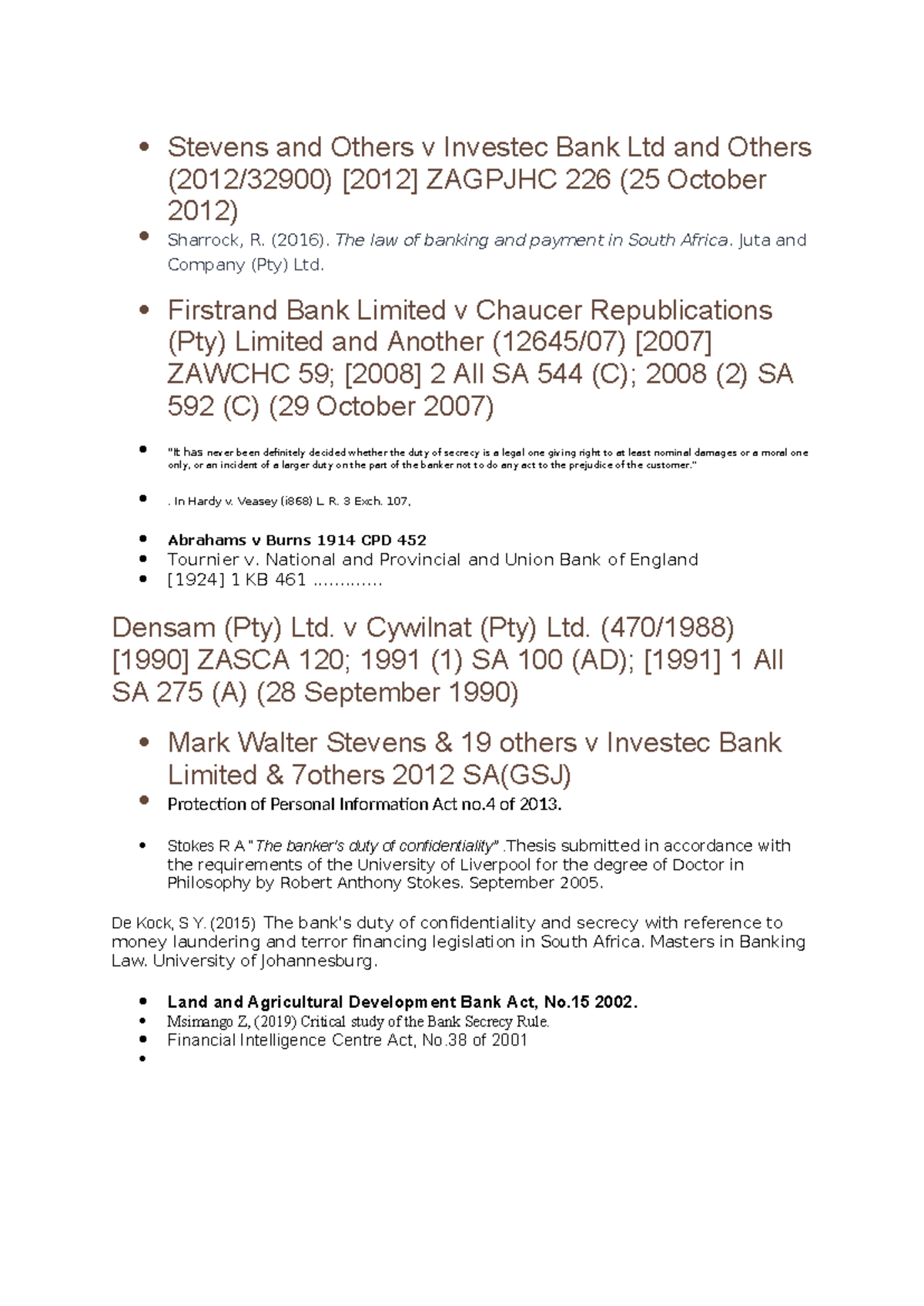 Stevens & Others v Investec Bank Ltd: Legal Case Analysis (2012) - Studocu