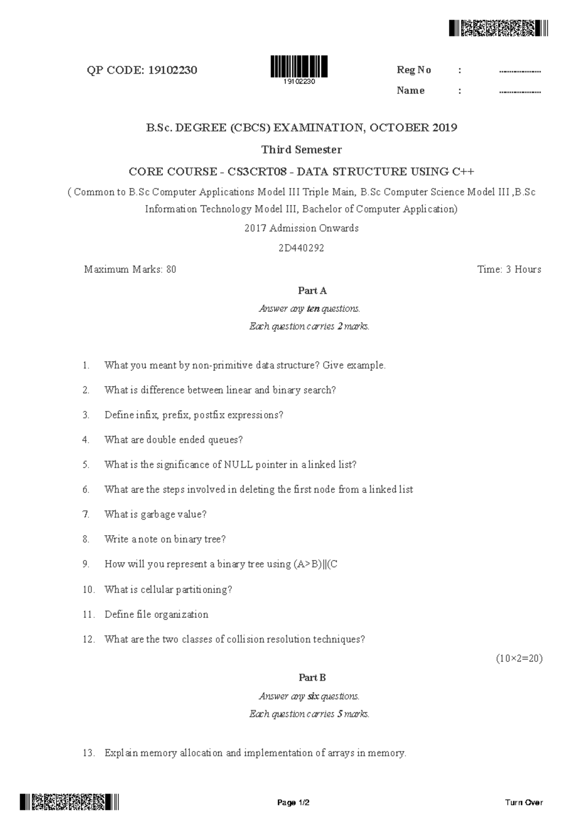 DS2019 - Data Structures previous year question paper 2019 MG university - QP CODE: 19102230 Reg ...