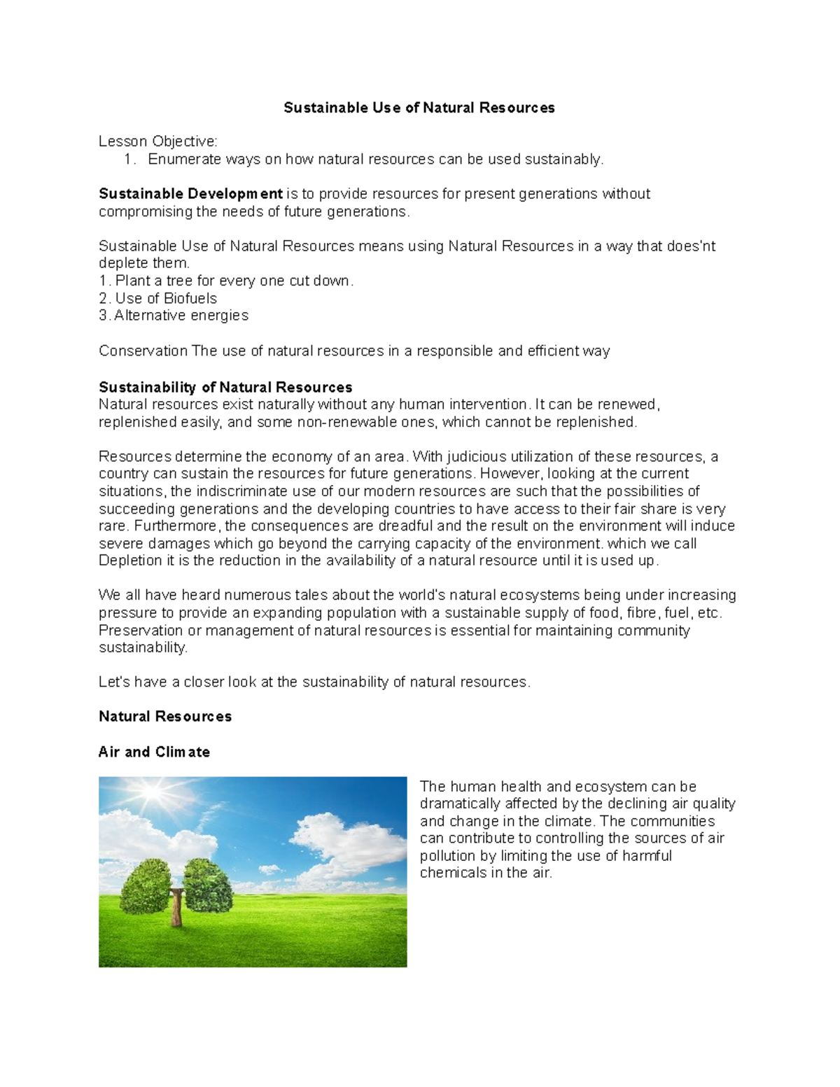 Sustainable Use of Natural Resources - Enumerate ways on how natural ...