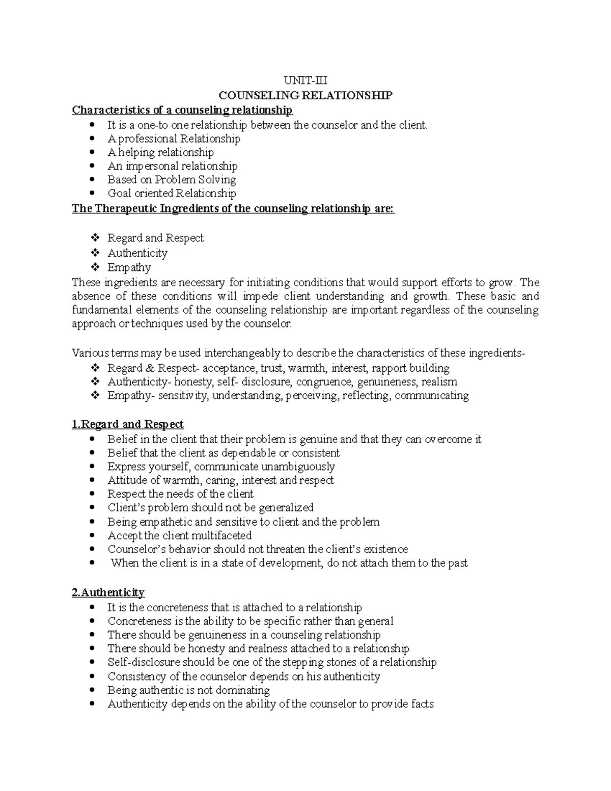 Counseling Unit III: Key Components of the Therapeutic Relationship ...