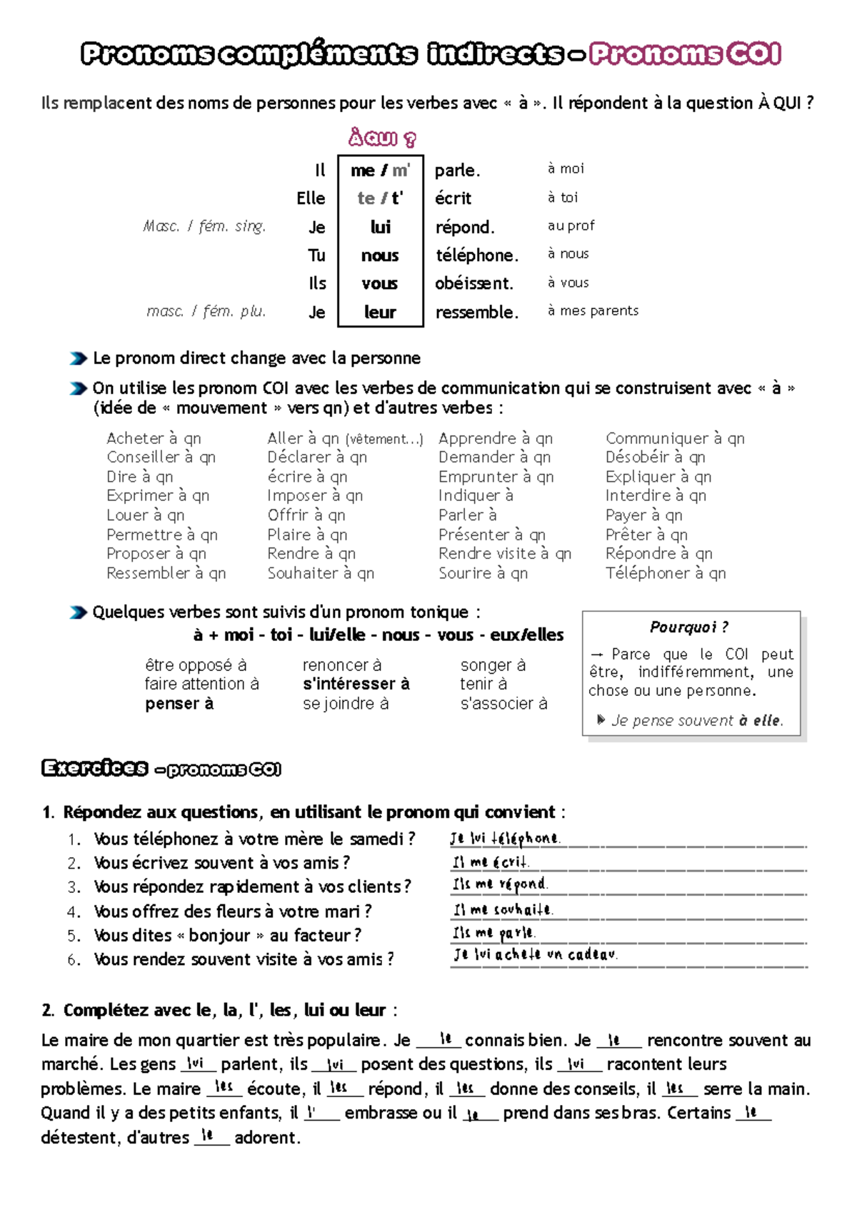 COI - Exercices sur les Pronoms Compléments Indirects - Studocu