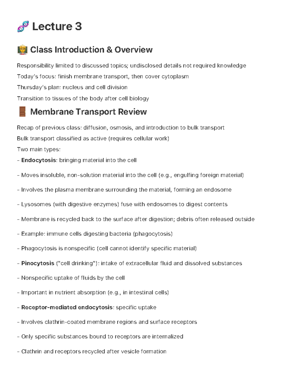 Cell Biology Lecture 3: Membrane Transport & Cytoplasm Overview - Studocu