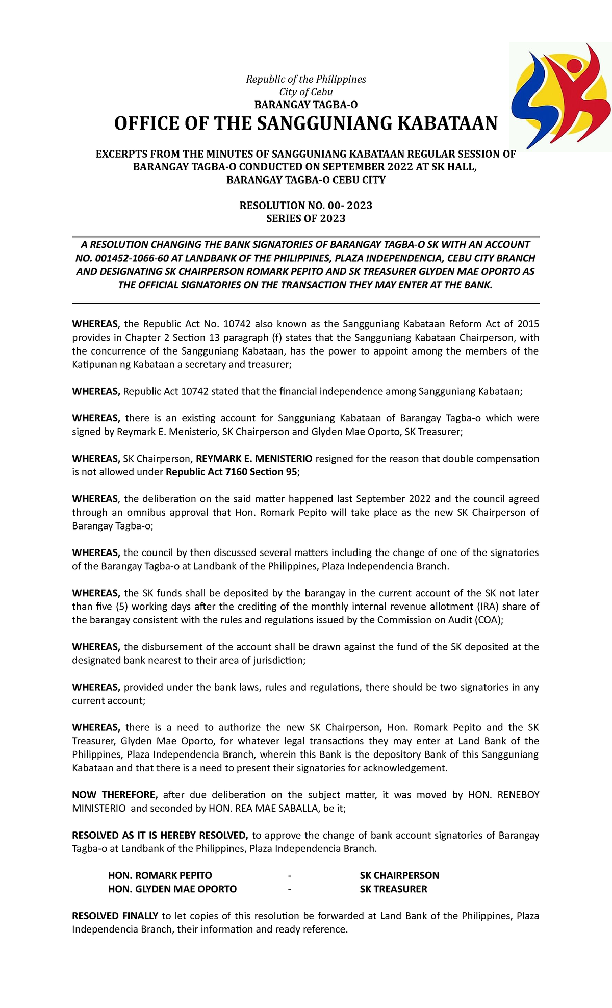 SK Tagba-O Changing OF Signatures - Republic of the Philippines City of ...