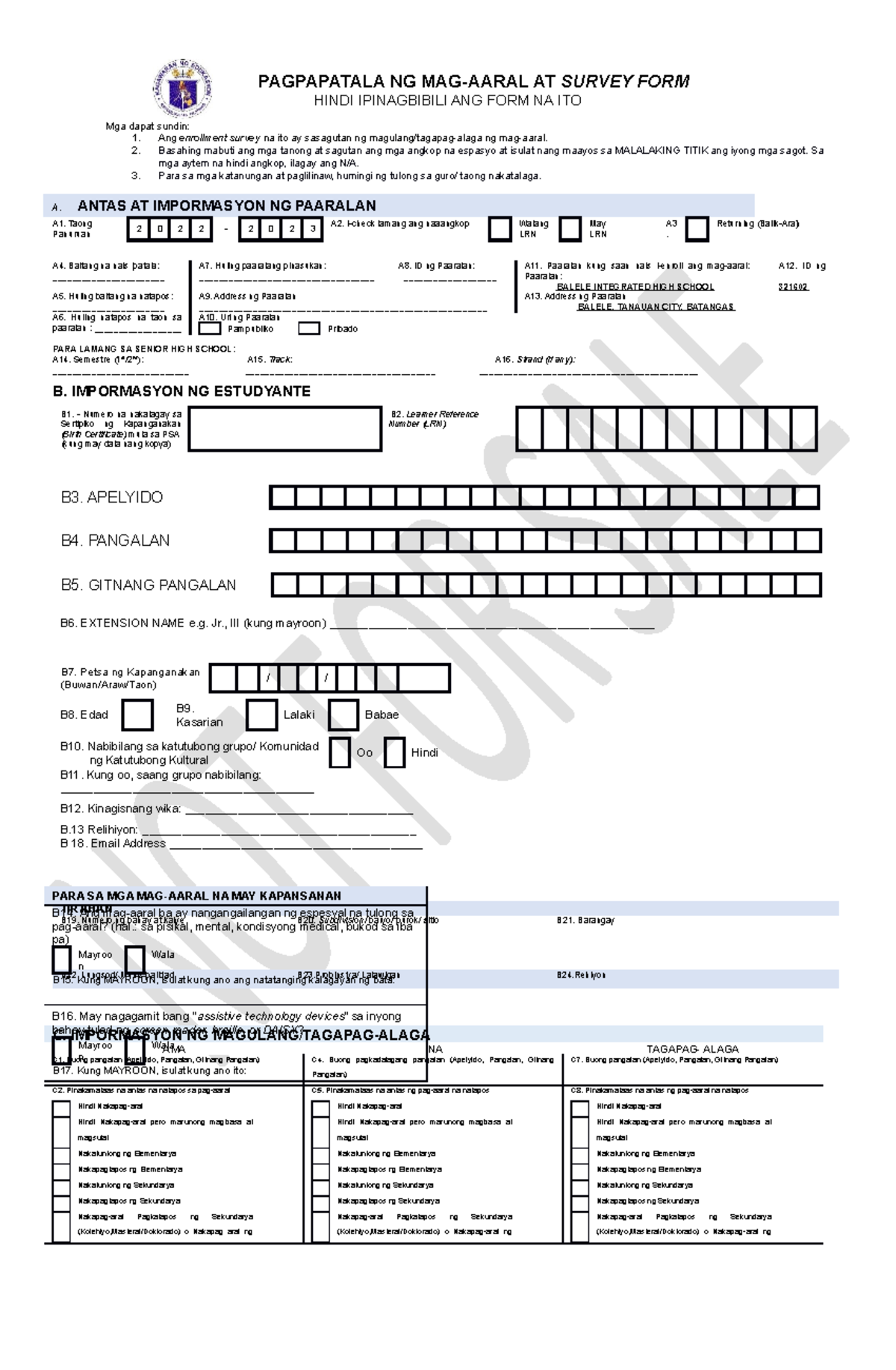 Modified Learner Enrollment and Survey Form Filipino with Vaccination ...