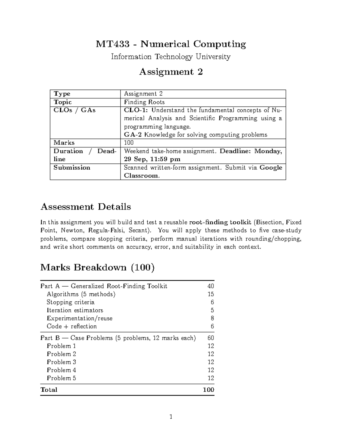 MT433 Numerical Computing Assignment 2: Finding Roots in IT - Studocu