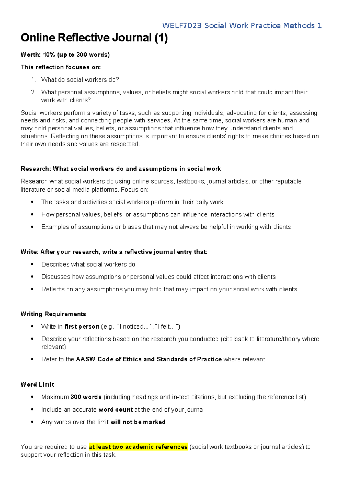 WELF7023 Social Work Practice Methods 1 Reflective Journal Entry - Studocu