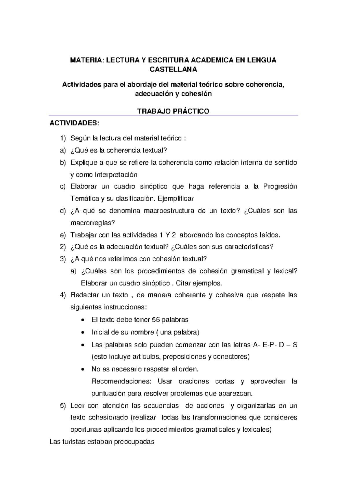 Actividades de Coherencia y Cohesión en LECTURA Y ESCRITURA ACADEMICA - Studocu