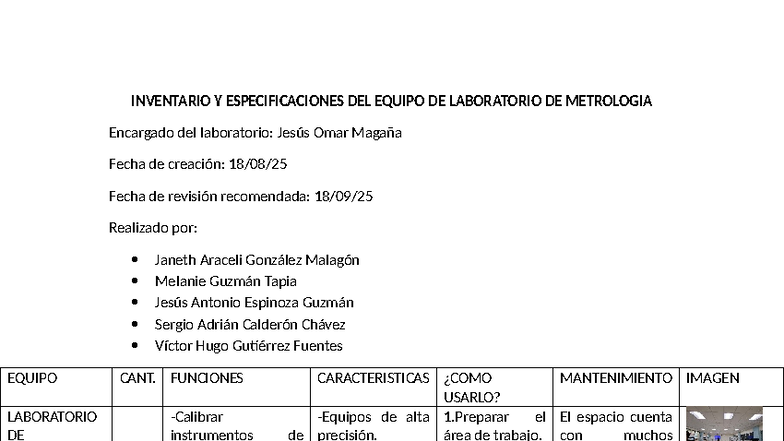 LAB Metrologia - GDFGG - INVENTARIO Y ESPECIFICACIONES DEL EQUIPO DE ...