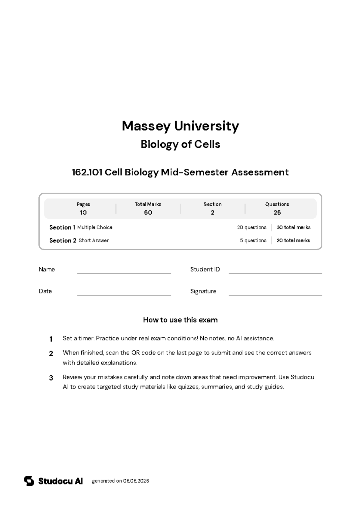 162.101 Cell Biology Mid-Semester Assessment - Studocu