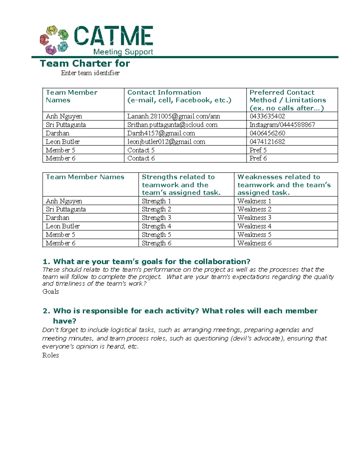 Team Charter for CATME - Collaboration Goals & Roles - Studocu