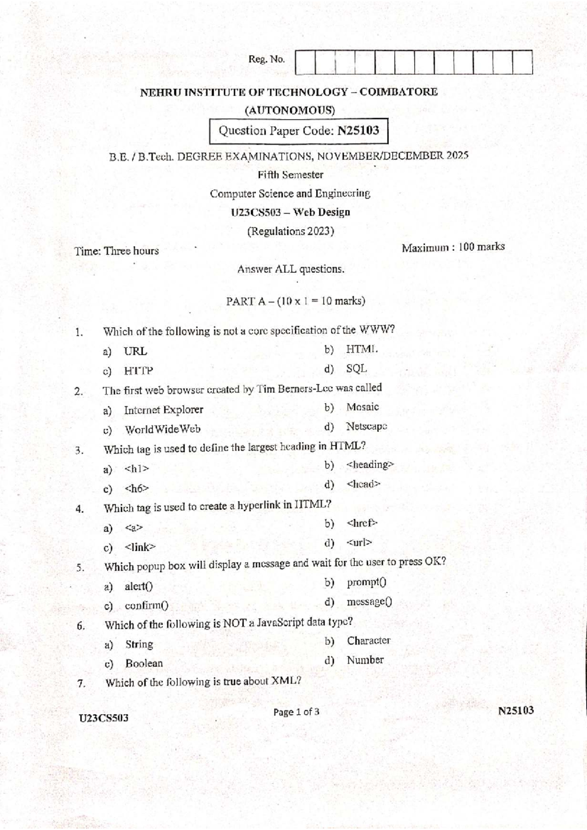 U23CS503 - Web Design - Fifth Semester Question Paper (Nov-Dec 2025 ...