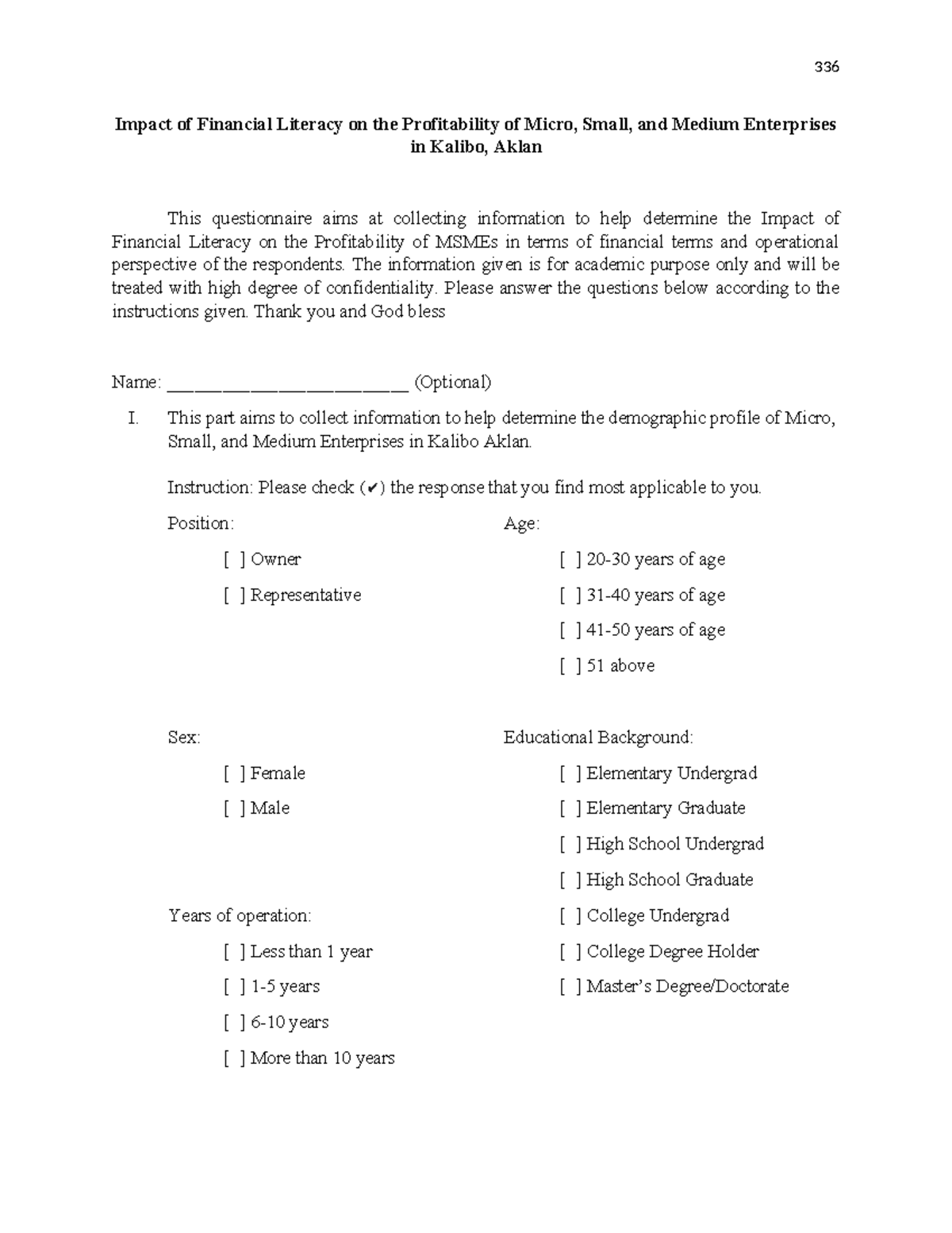 336 Questionnaire on Financial Literacy's Impact on MSME Profitability ...
