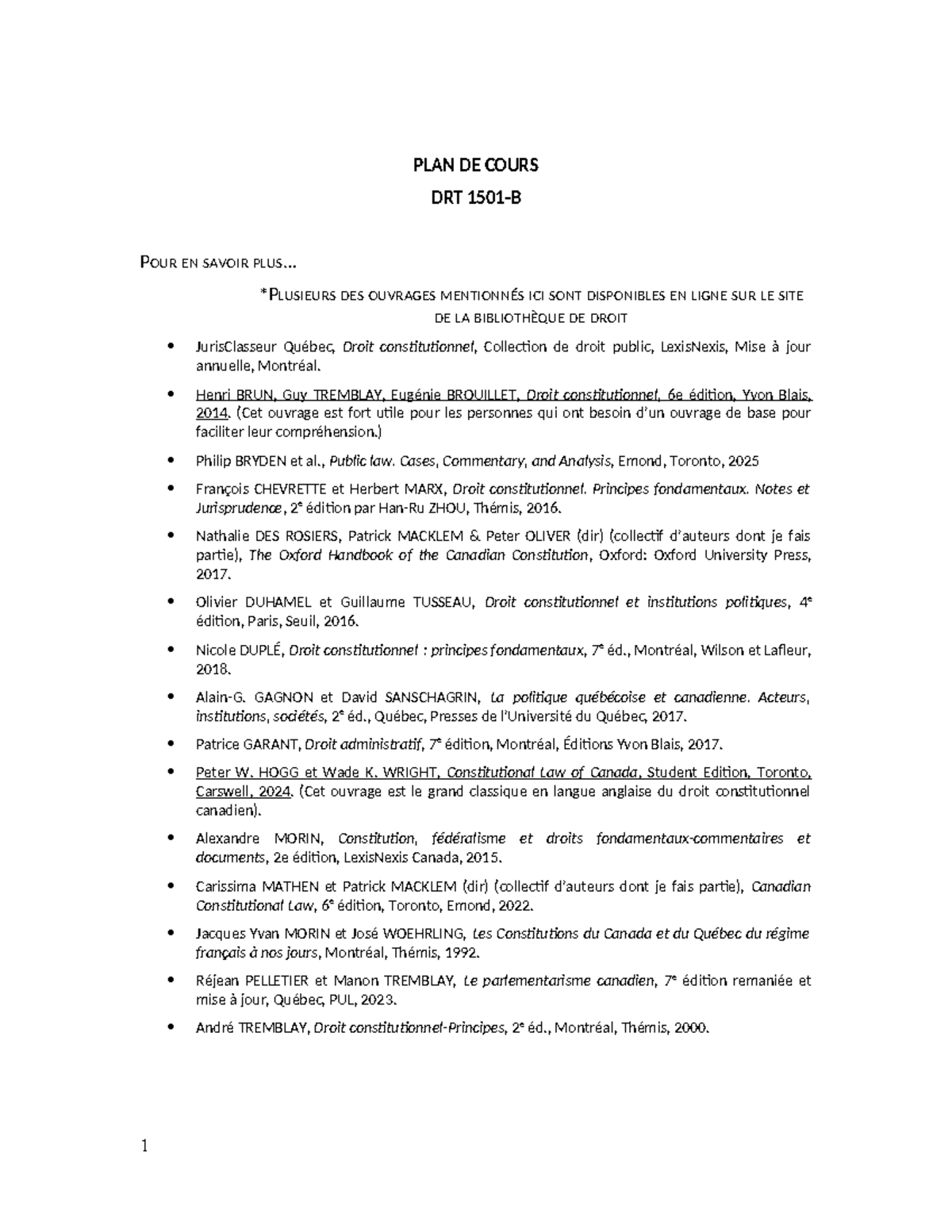 Plan de Cours DRT 1501 - Droit Constitutionnel A2025 - Studocu