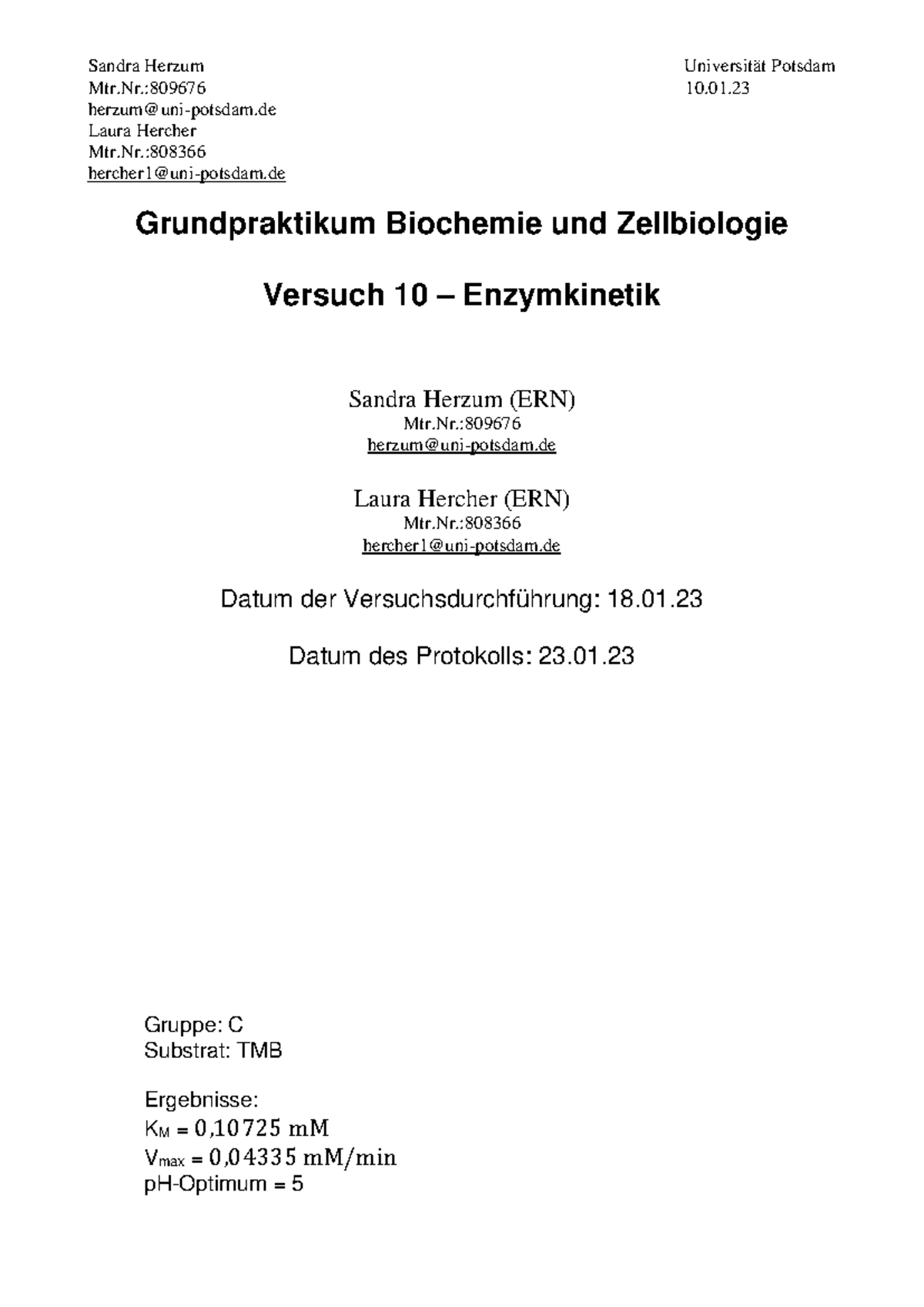 Versuch 10: Enzymkinetik im Grundpraktikum Biochemie (M. Biochemie ...