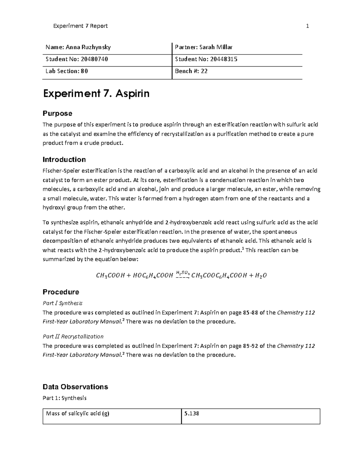 Chemistry 112: Experiment 7 - Aspirin Synthesis & Recrystallization ...