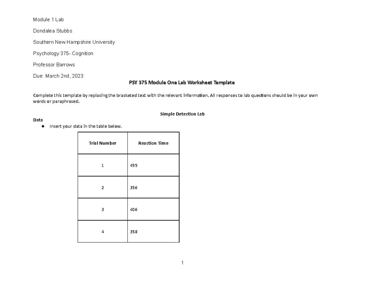 PSY 375 Module One Lab Worksheet Template - Dondalea Stubbs Southern ...
