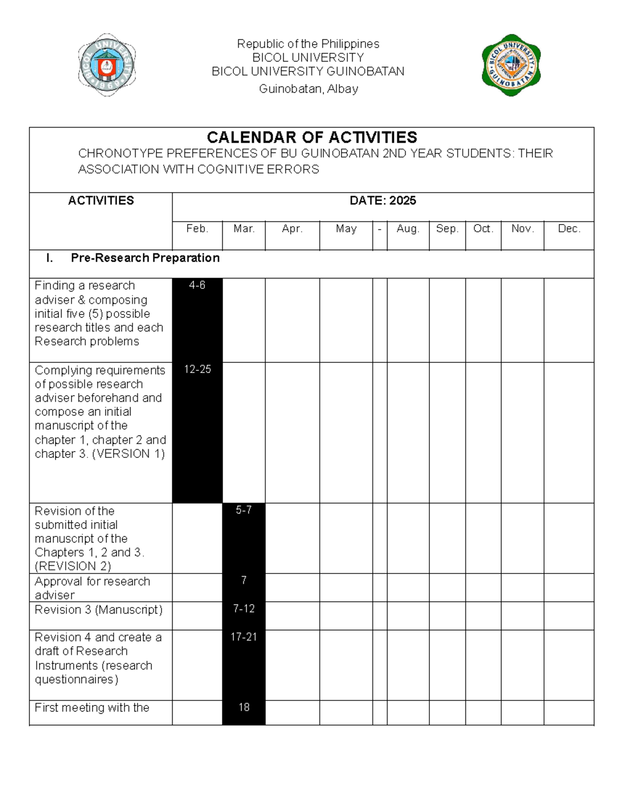 BICOL UNIVERSITY GUINOBATAN: Thesis Calendar of Activities 2025 - Studocu