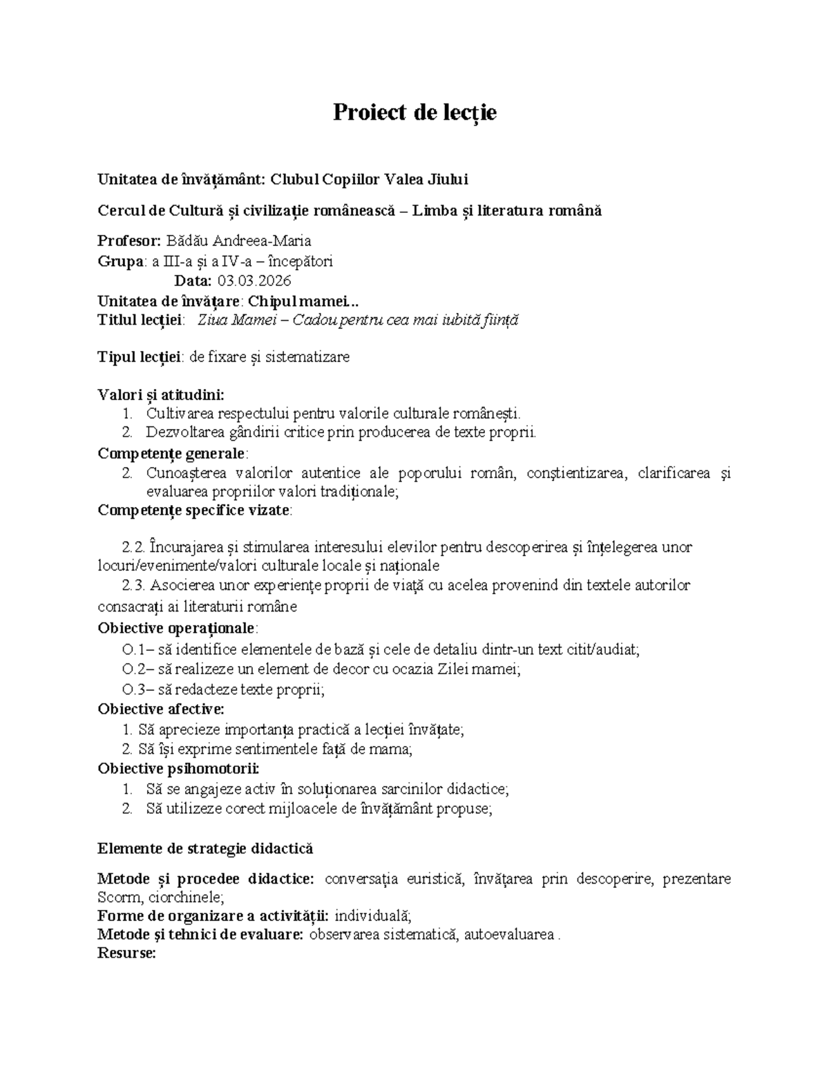 Plan Didactic - Lecția Ziua Mamei (Limba și literatura română) - Studocu