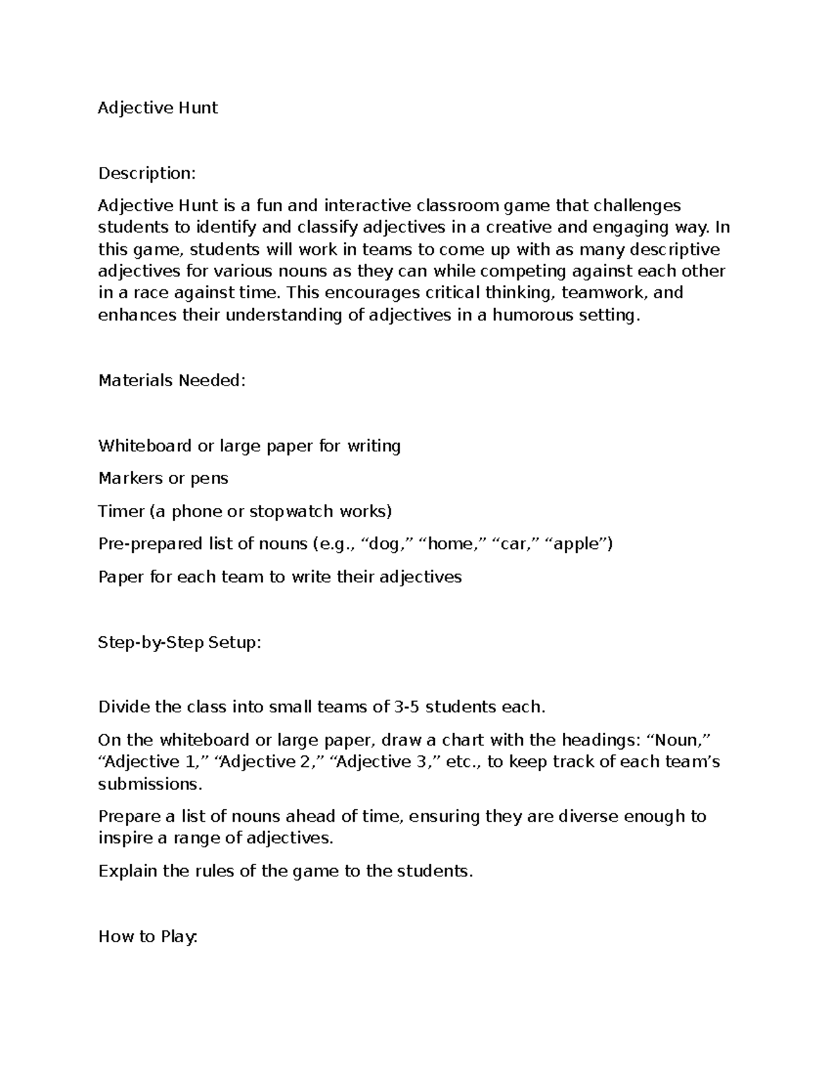 Adjective Hunt Game: Interactive Classroom Activity - Studocu