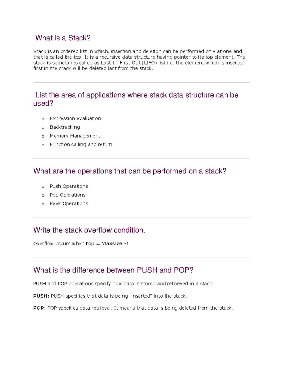 Datastructure Bca 2nd Sem What Is A Stack Stack Is An Ordered List In Which Insertion And