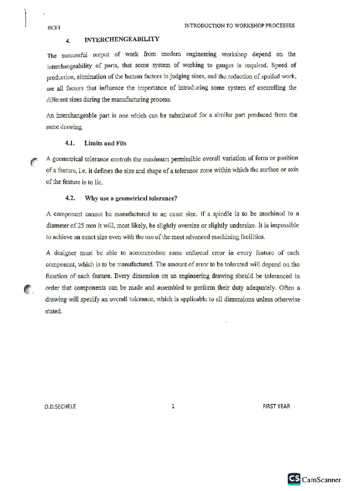 BCET INTRODUCTION TO WORKSHOP PROCESSES 4: INTERCHANGEABILITY AND ...
