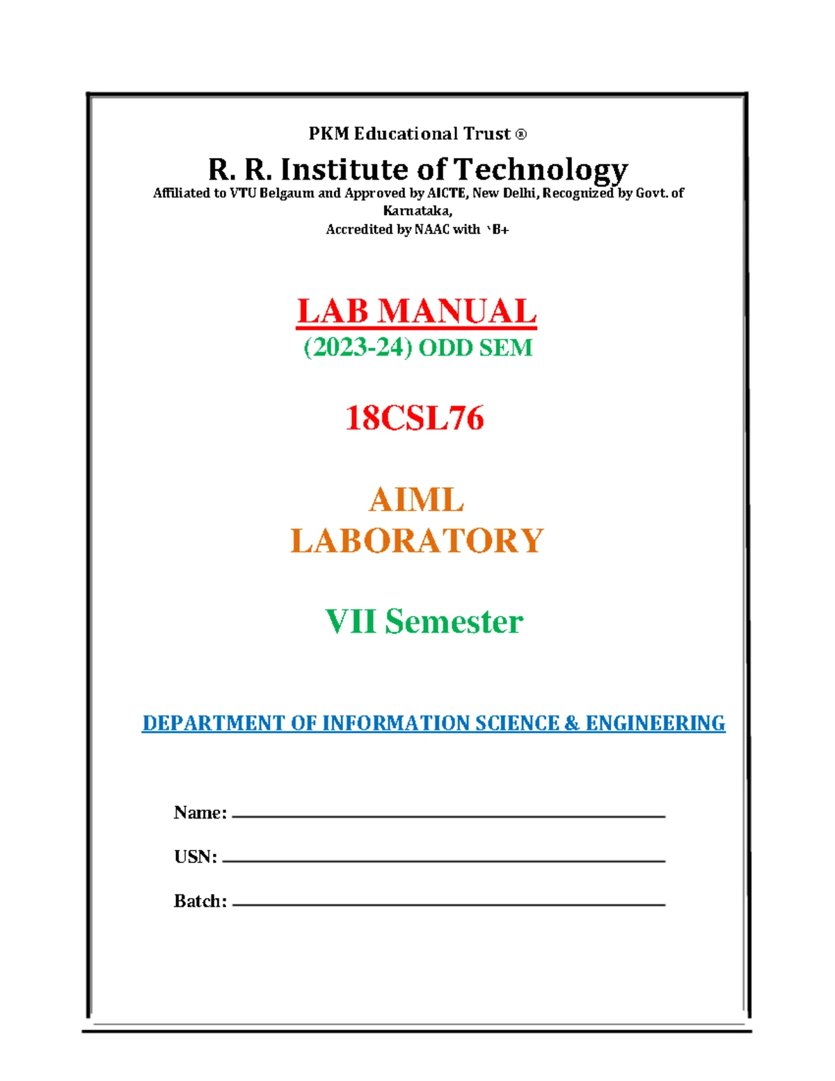 LAB Manual - 18CSL76 AI & ML Experiments and Implementations - Studocu