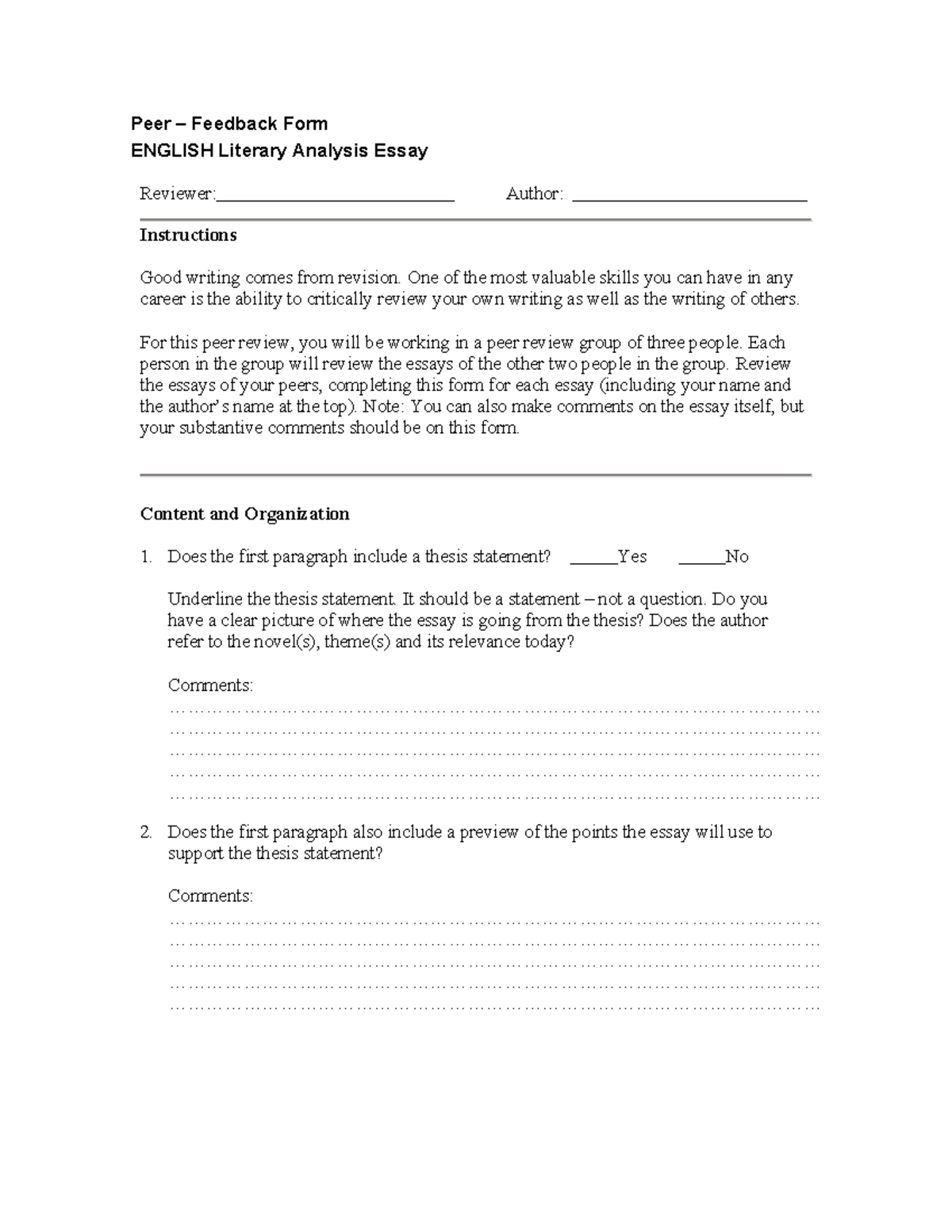 ENGLISH Literary Analysis Peer Review Form Template - Studeersnel