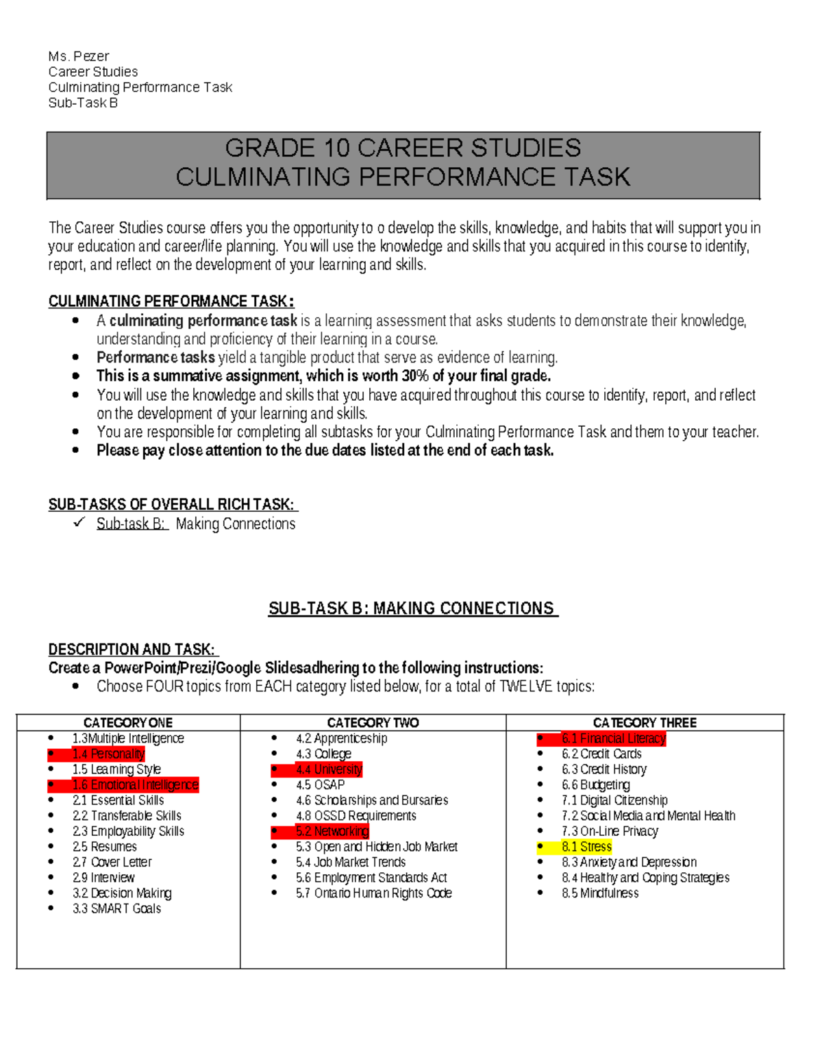 CPT subtask b - making connenctions final 20211 - Ms. Pezer Career Studies Culminating ...