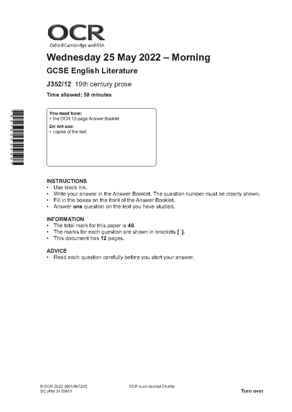 GCSE English Literature 19th Century Prose Exam Paper (May 2022) - Studocu