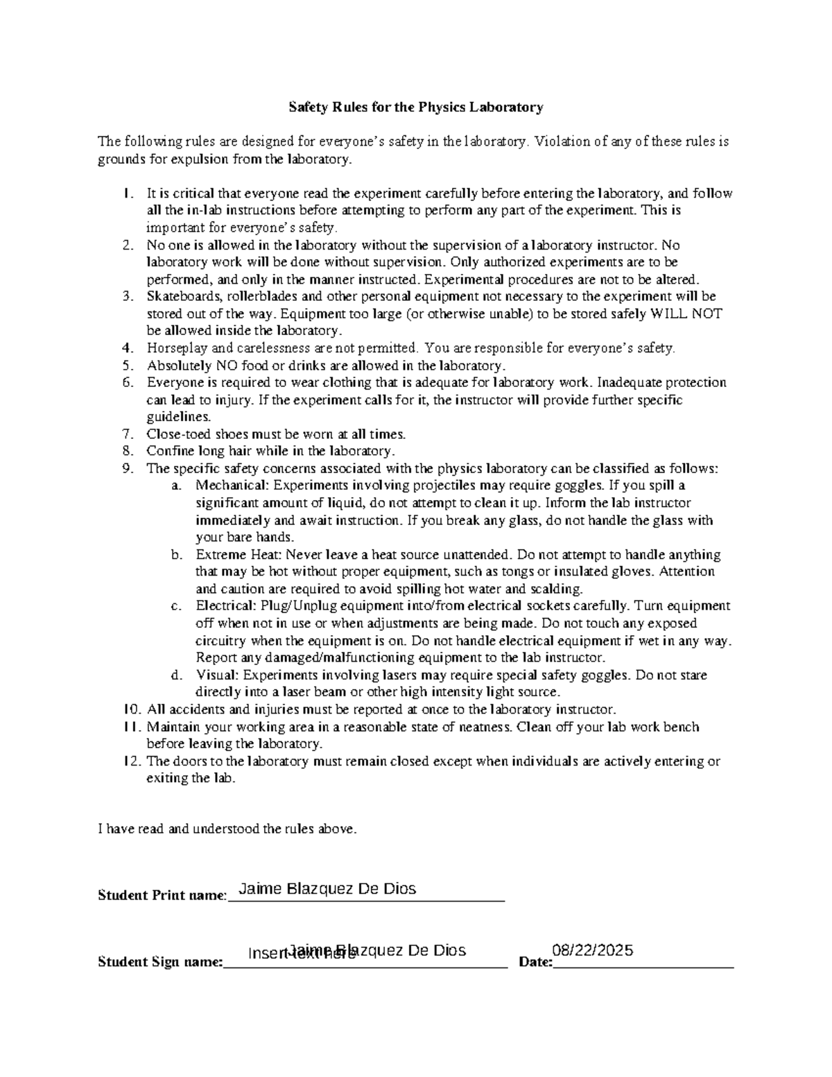 Lab Safety Rules for Physics Lab - Exam Guidelines - Studocu