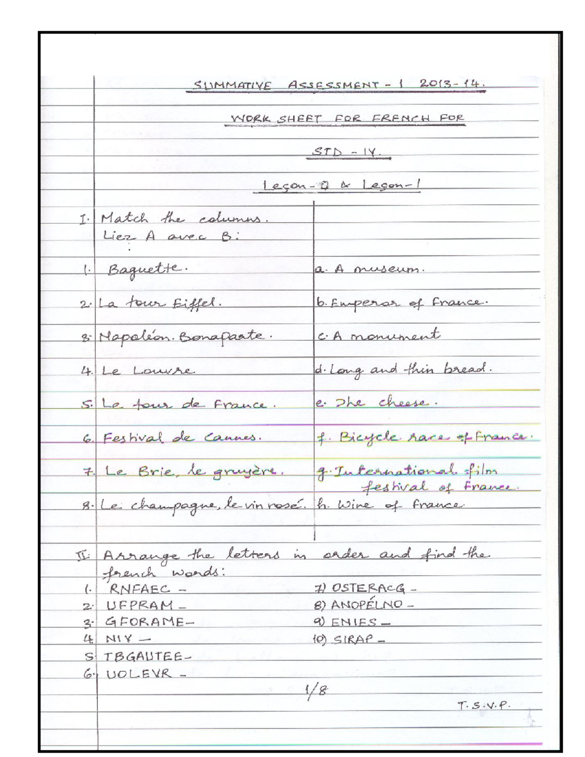 CBSE Class 4 French Worksheet 4 - Summative Assessment 2013-14 - Studocu