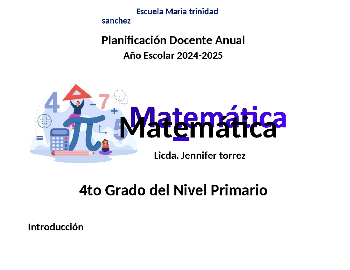 Planificación Docente Anual Matemática 4to Grado - Licda. Jennifer ...