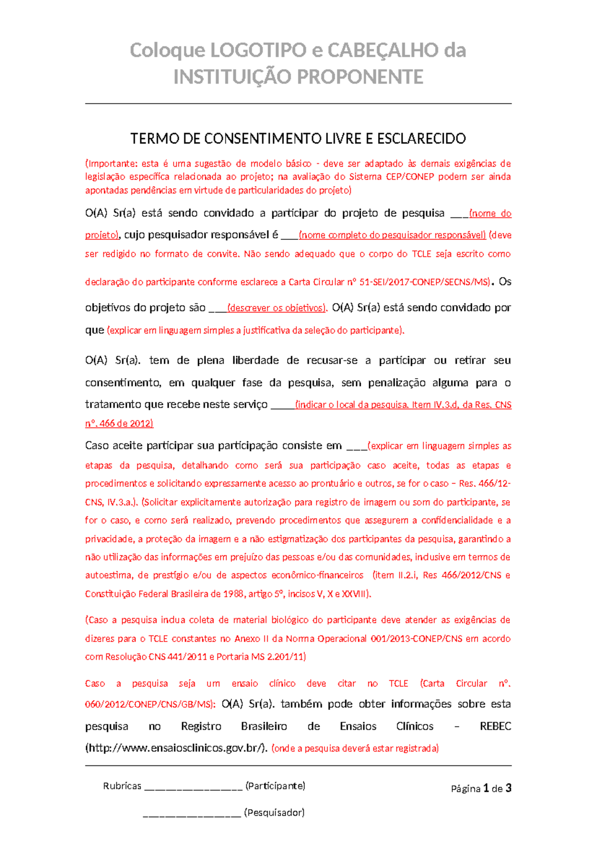 Modelo de Termo de Consentimento Livre e Esclarecido - TCLE - Studocu